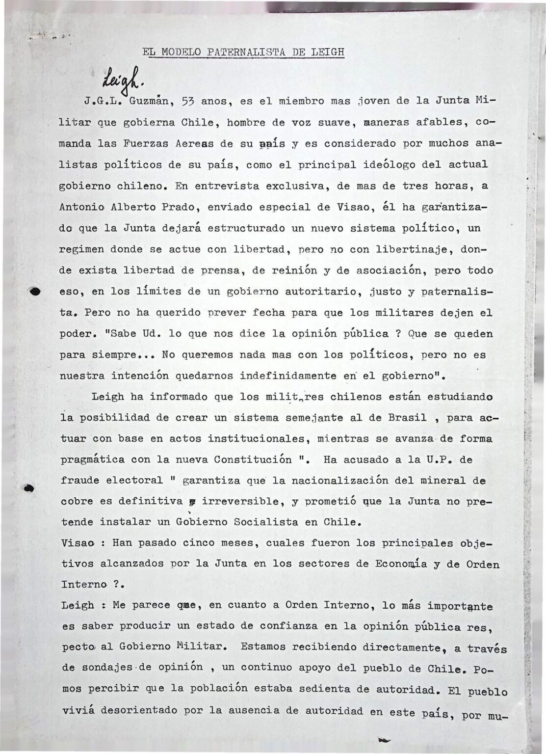 El modelo paternalista de Leigh. Entrevista al general Gustavo Leigh en ...